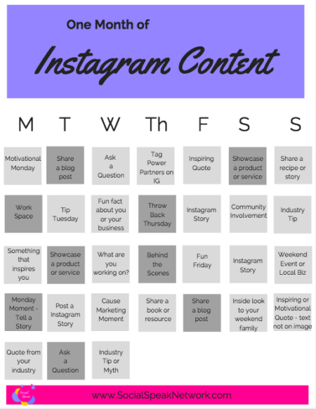 Instagram Content Calendar | Social Speak Network Social Media ...